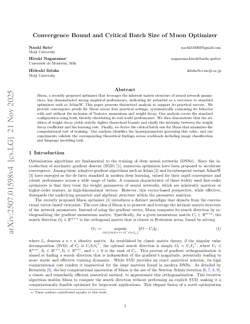 Convergence Bound and Critical Batch Size of Muon Optimizer | alphaXiv